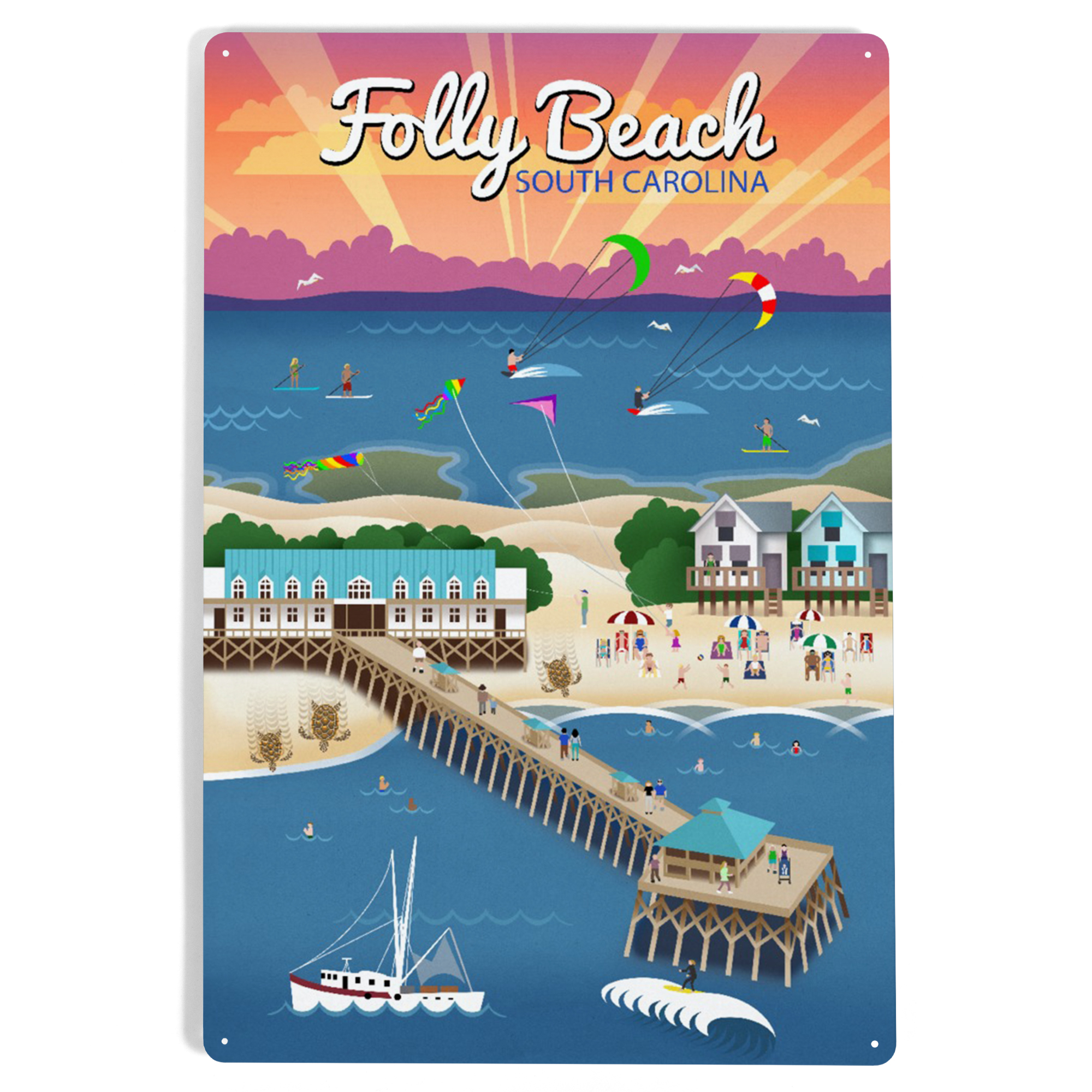 South Carolina, Folly Beach, Retro Style (12x18 Aluminum Art, Indoor ...