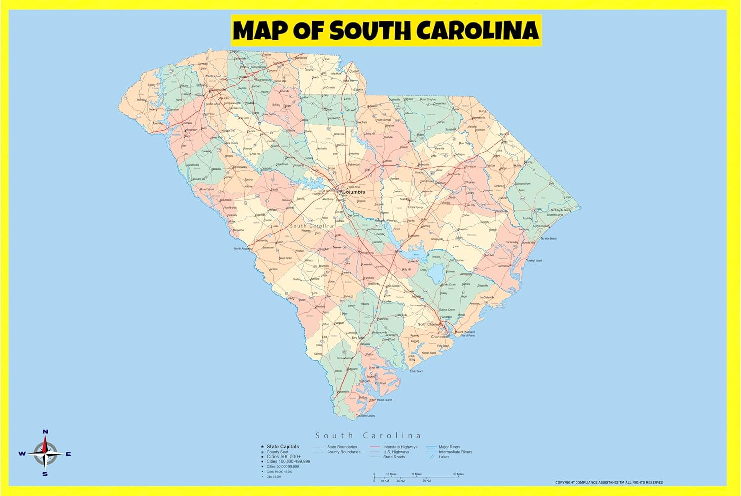 South Carolina Map Poster - Laminated Wall Map - Style A - 20x30 ...