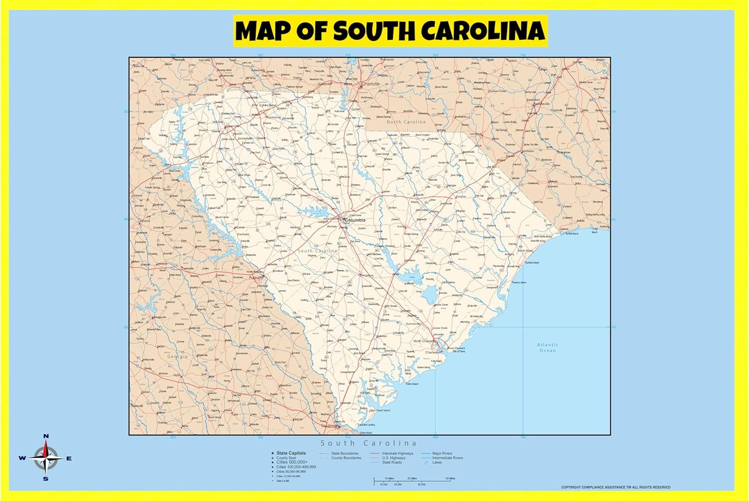 South Carolina Map Poster - Laminated Wall Map - Style C - 24x36 - Ideal for Classrooms and ...