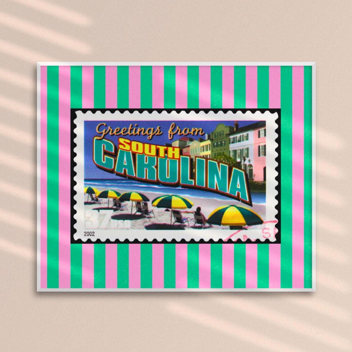 South Caroline Print Pink And Green Sc Vintage South Carolina Travel ...