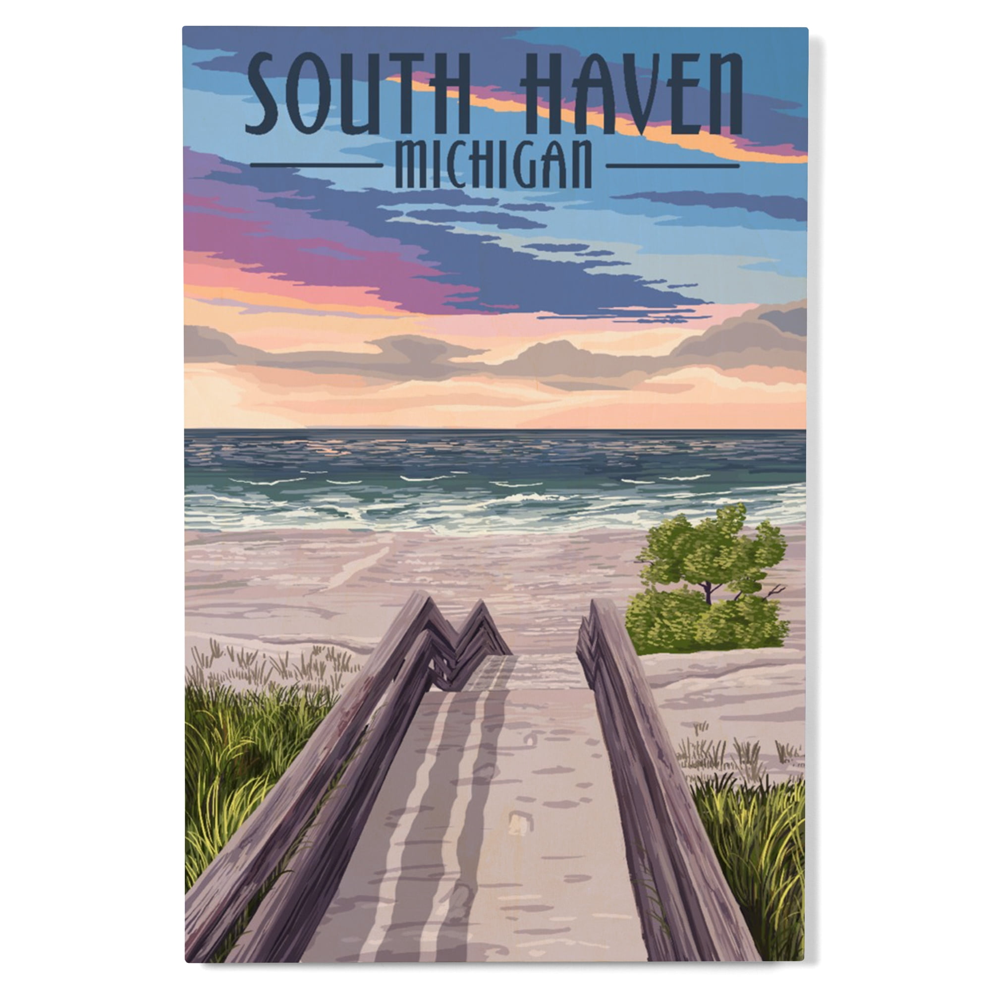 South Haven, Michigan, Beach Boardwalk Scene Birch Wood Wall Sign ...