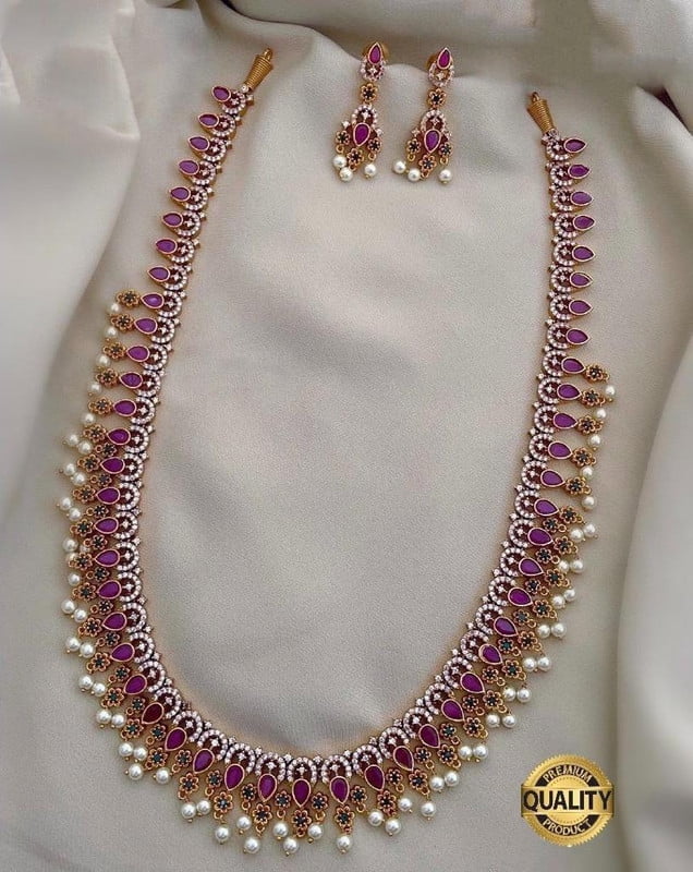 South Indian Bollywood Gold Plated AD CZ Multicolor Stone Flower Haaram ...