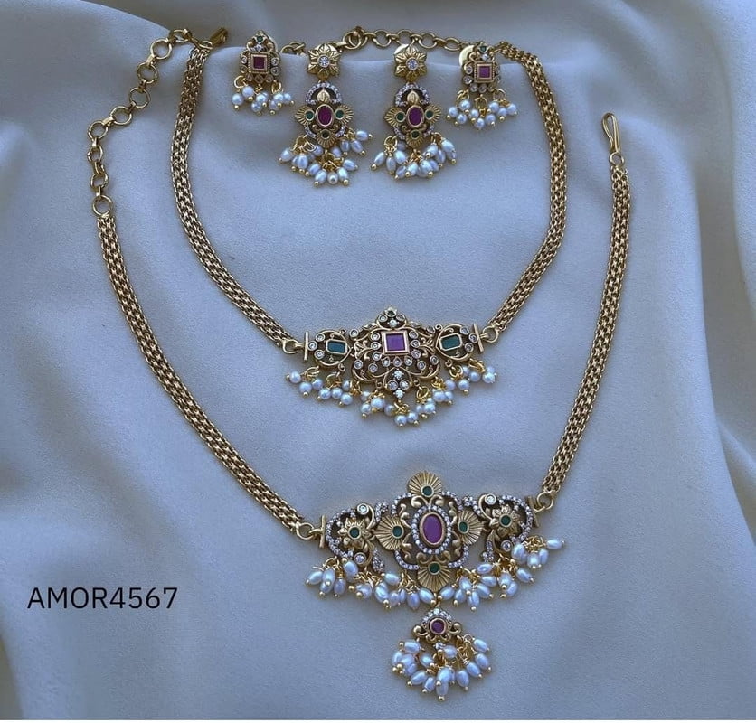 South Indian Bollywood Gold Plated CZ Multicolor Stone Matte Finish ...