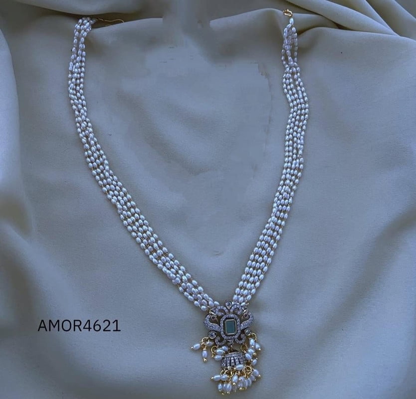 South Indian Bollywood Gold Plated CZ White & Emerald Stone 3-Layer ...