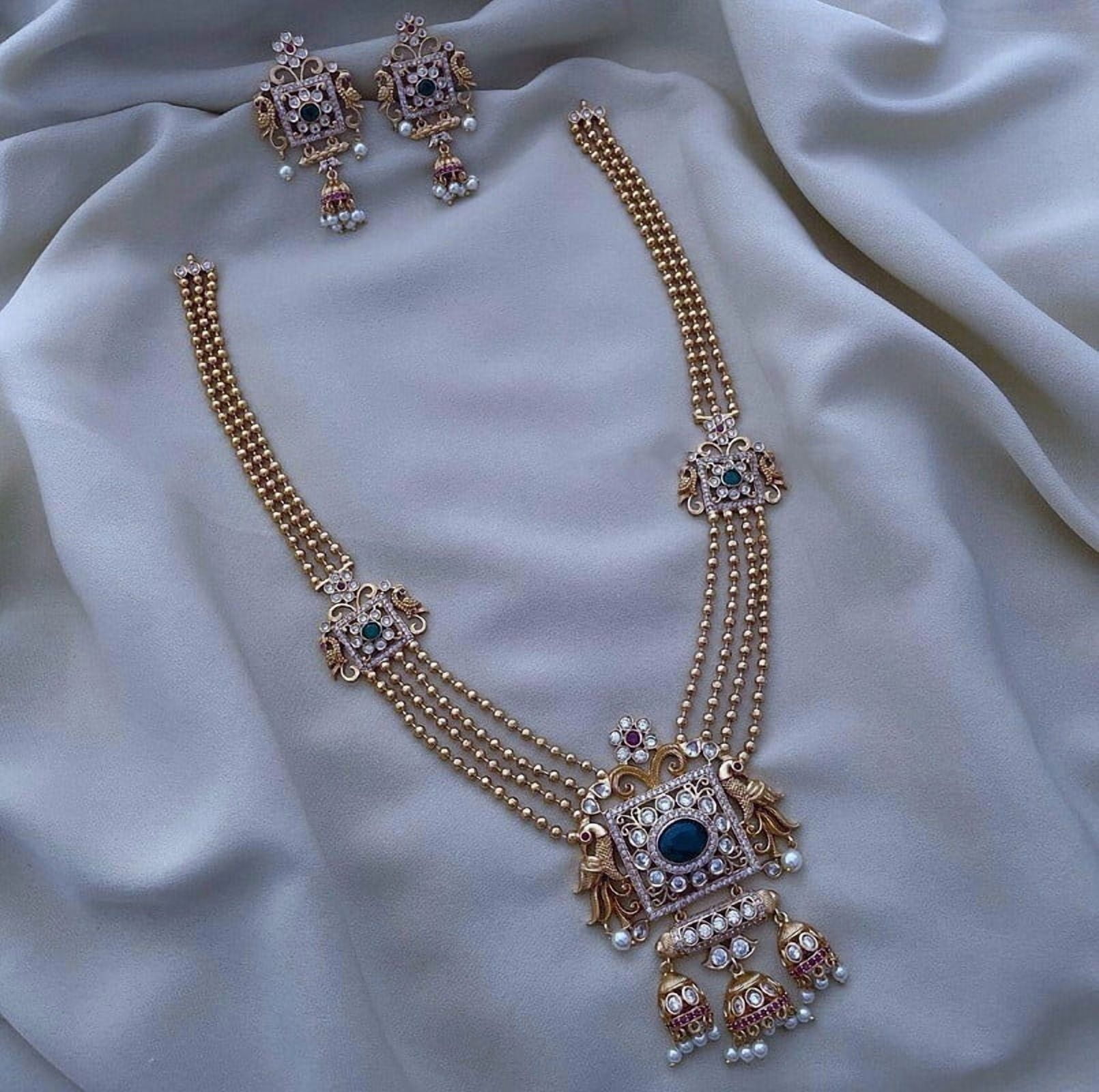 South Indian Bollywood Gold-Plated Long Necklace Set – White Green ...