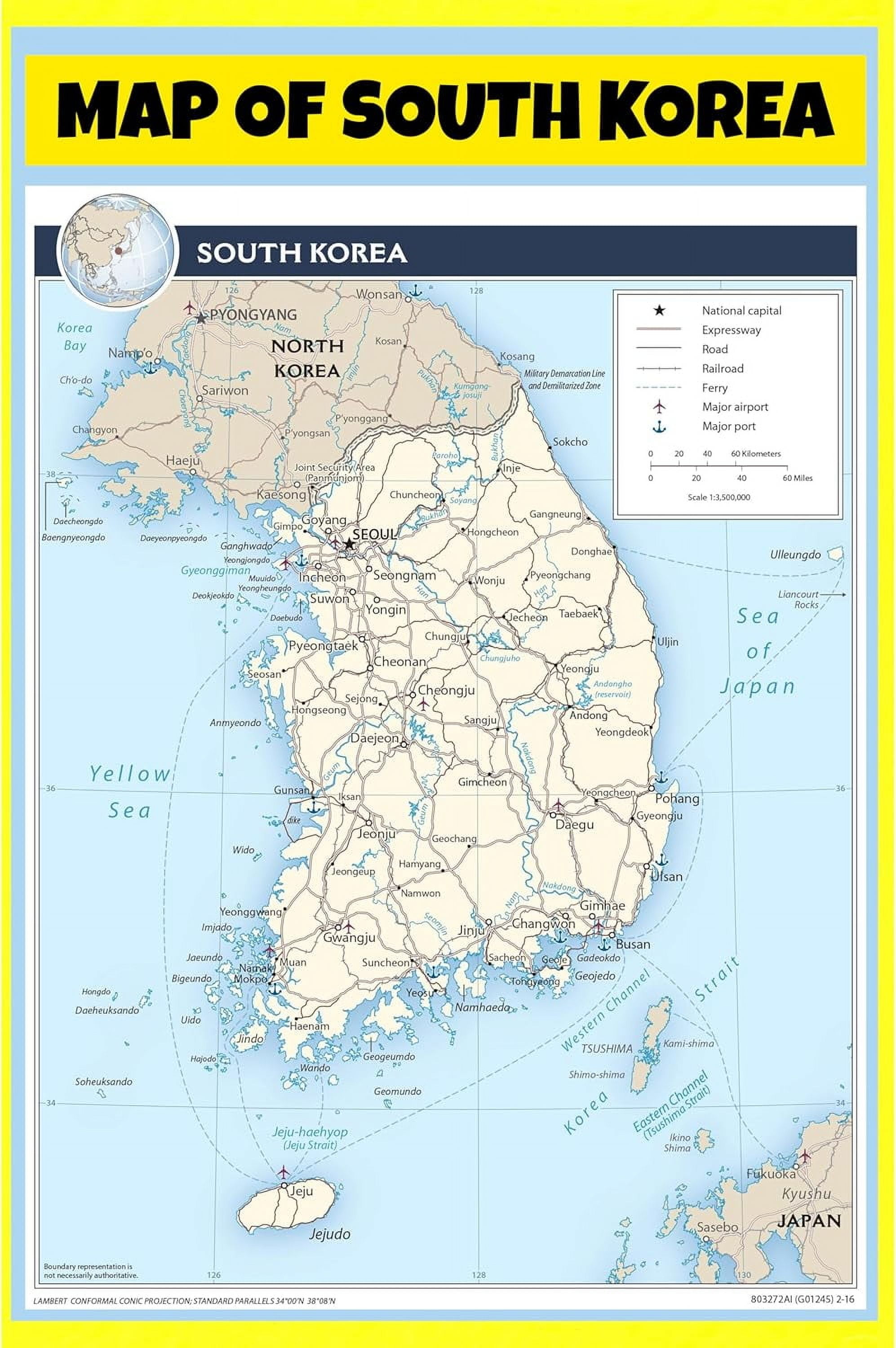 South Korea Map Poster - Laminated Wall Map - Style A - 24x36 - Ideal for Classrooms and Homes ...