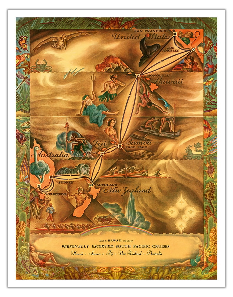 South Pacific Route Map - Hawaii Samoa Fiji Australia New Zealand ...