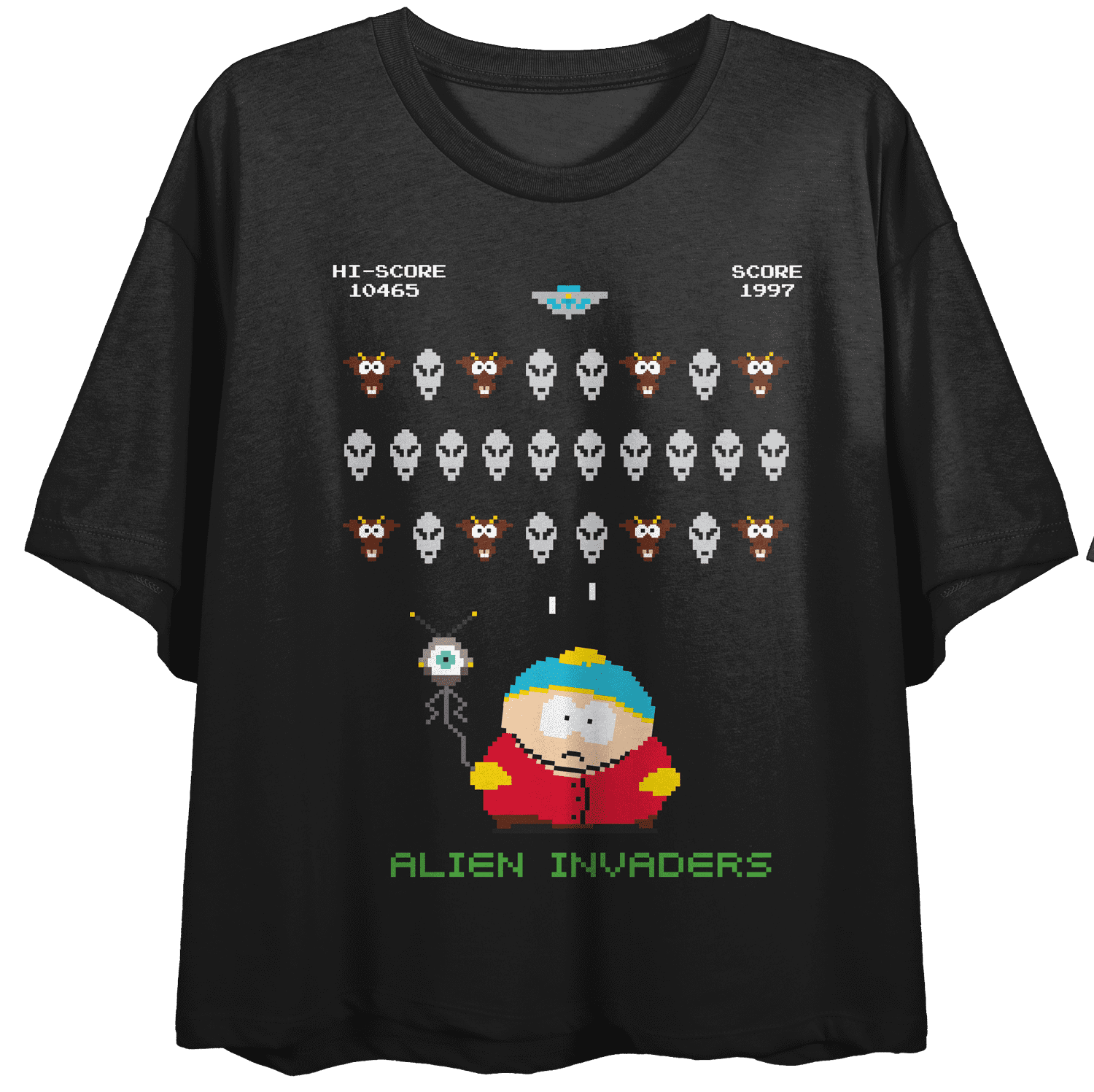 South Park Alien Invaders Crew Neck Short Sleeve Women's Black Crop Top ...