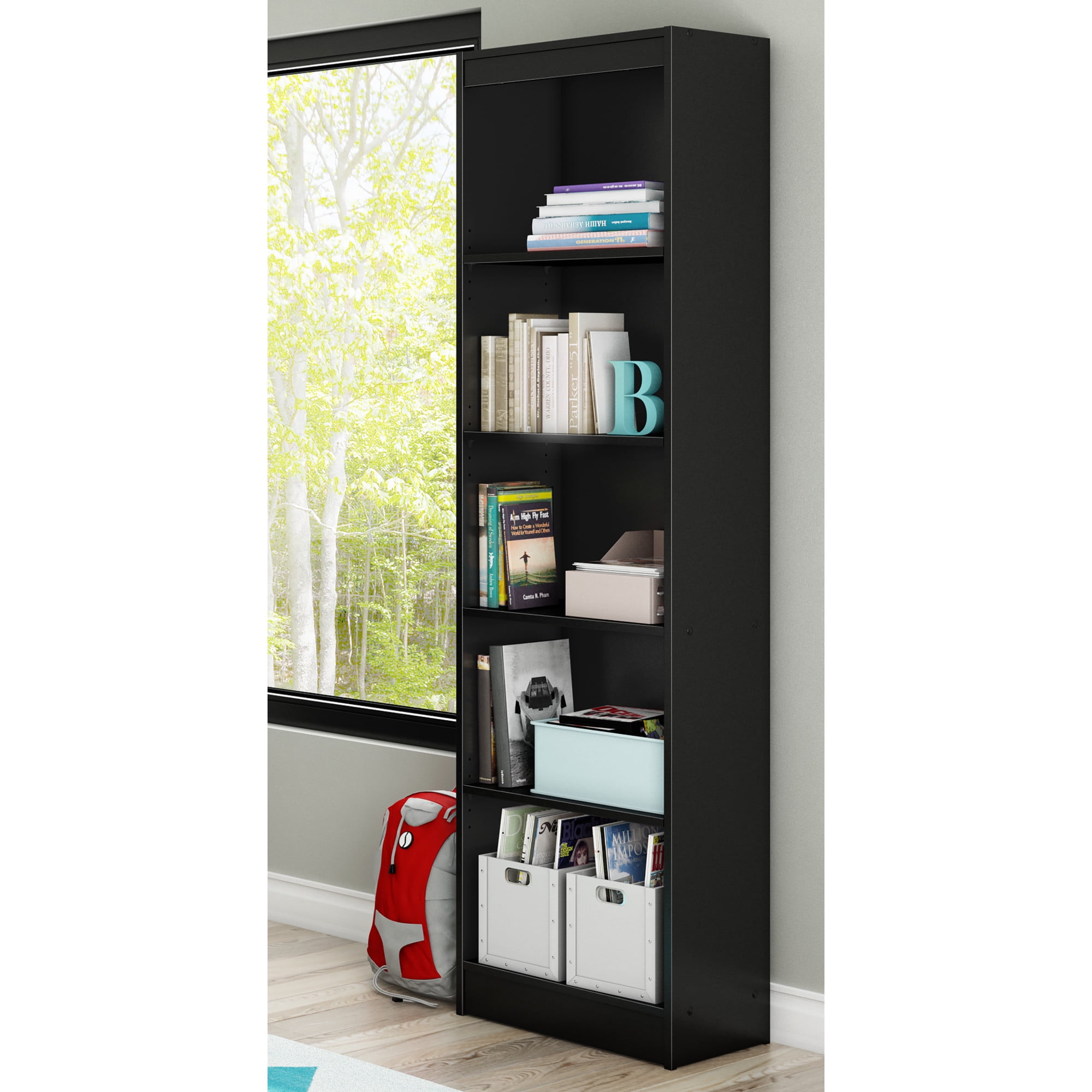 South Shore Axess Open 5-Tier Bookshelf, Contemporary Narrow Black ...