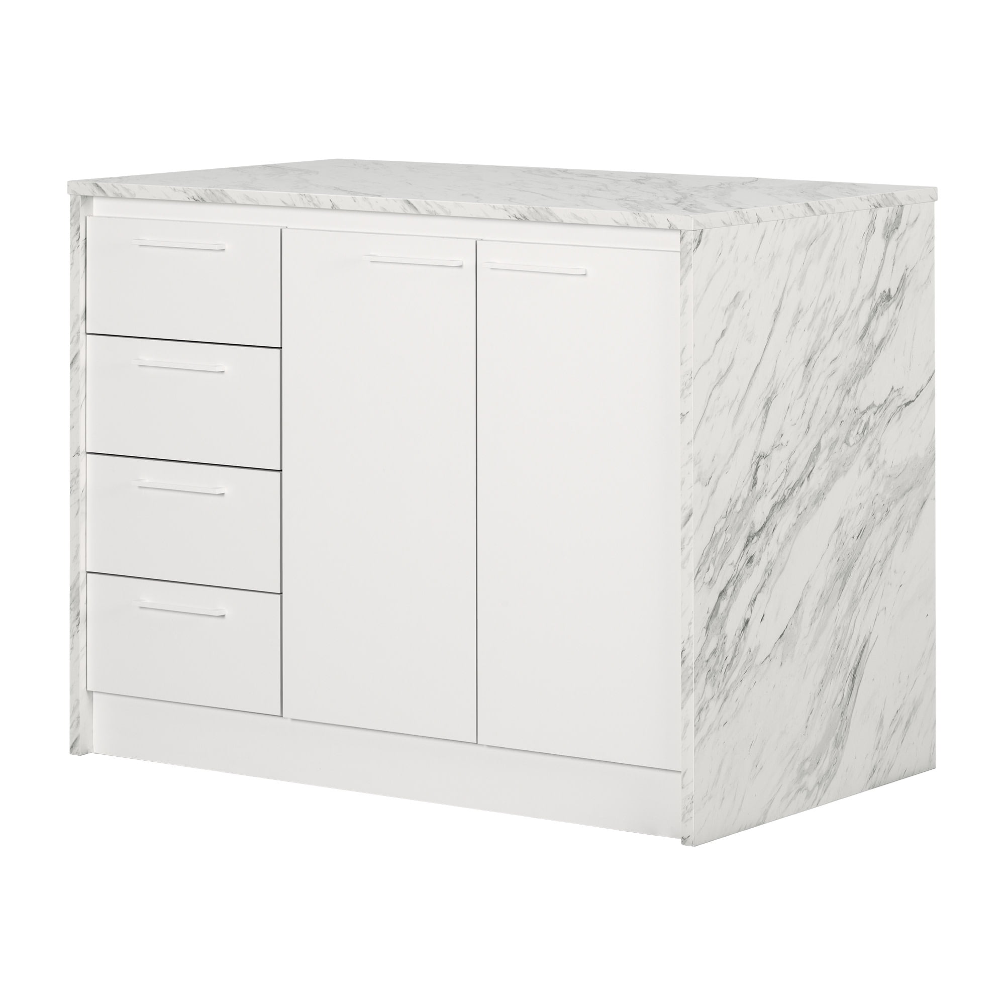 South Shore Myro, Contemporary Kitchen Island, Faux White Marble and ...