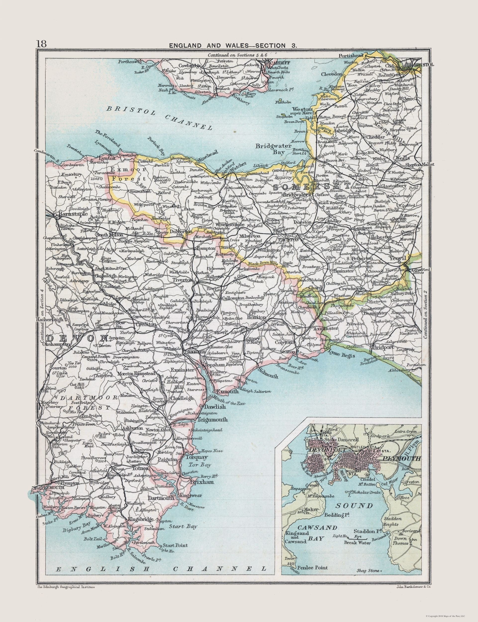 Historic Map - South West England - Bartholomew 1892 - 23 x 29.92 ...