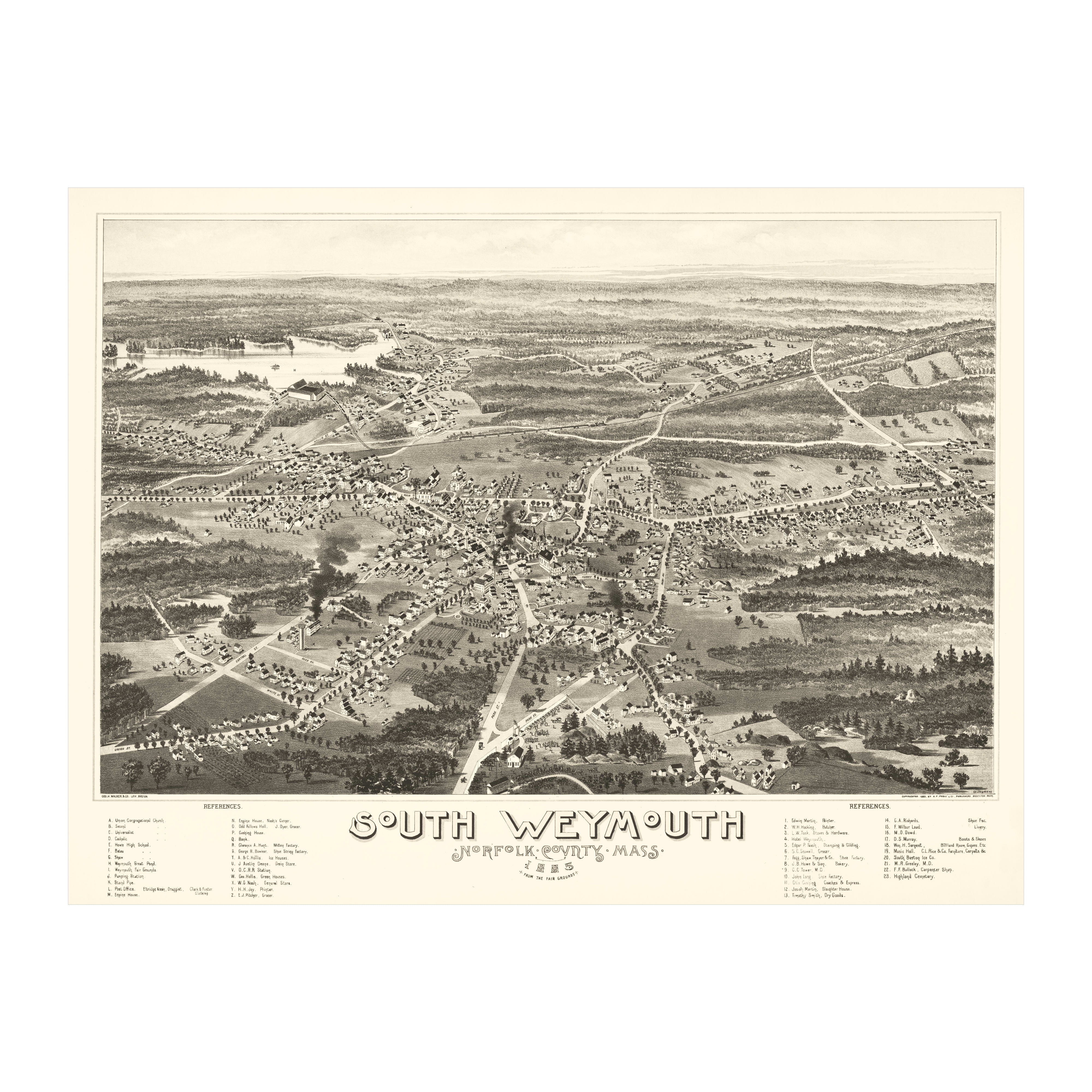 South Weymouth Art, 1885 Vintage Map of South Weymouth Massachusetts ...