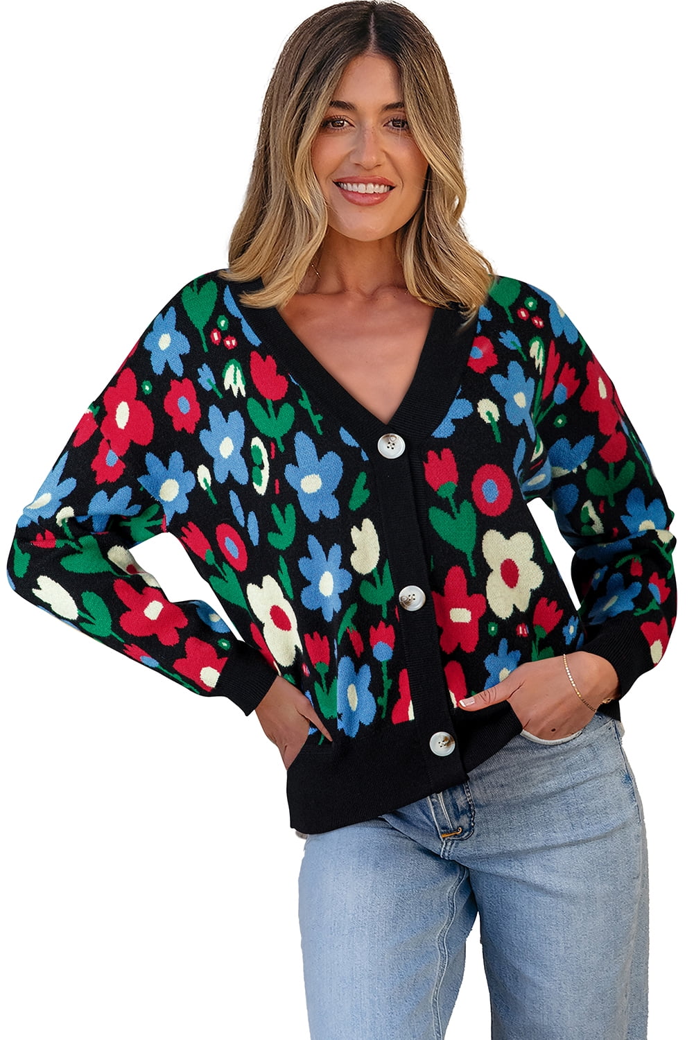 Southern Belle Style Black Floral Print Long Sleeve Cardigan for Fall ...