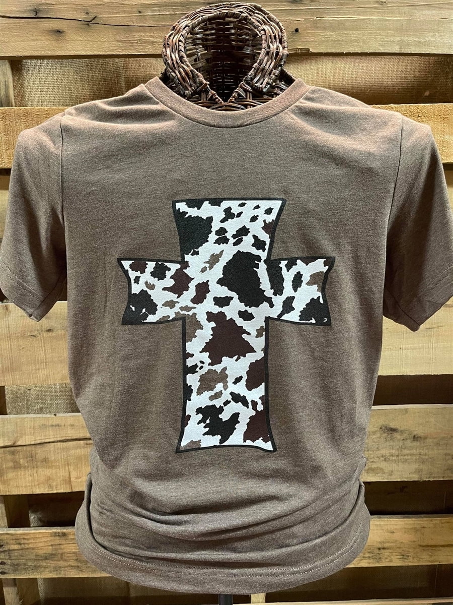 Southern Chics Apparel Cow Print Cross Canvas T Shirt - Walmart.com