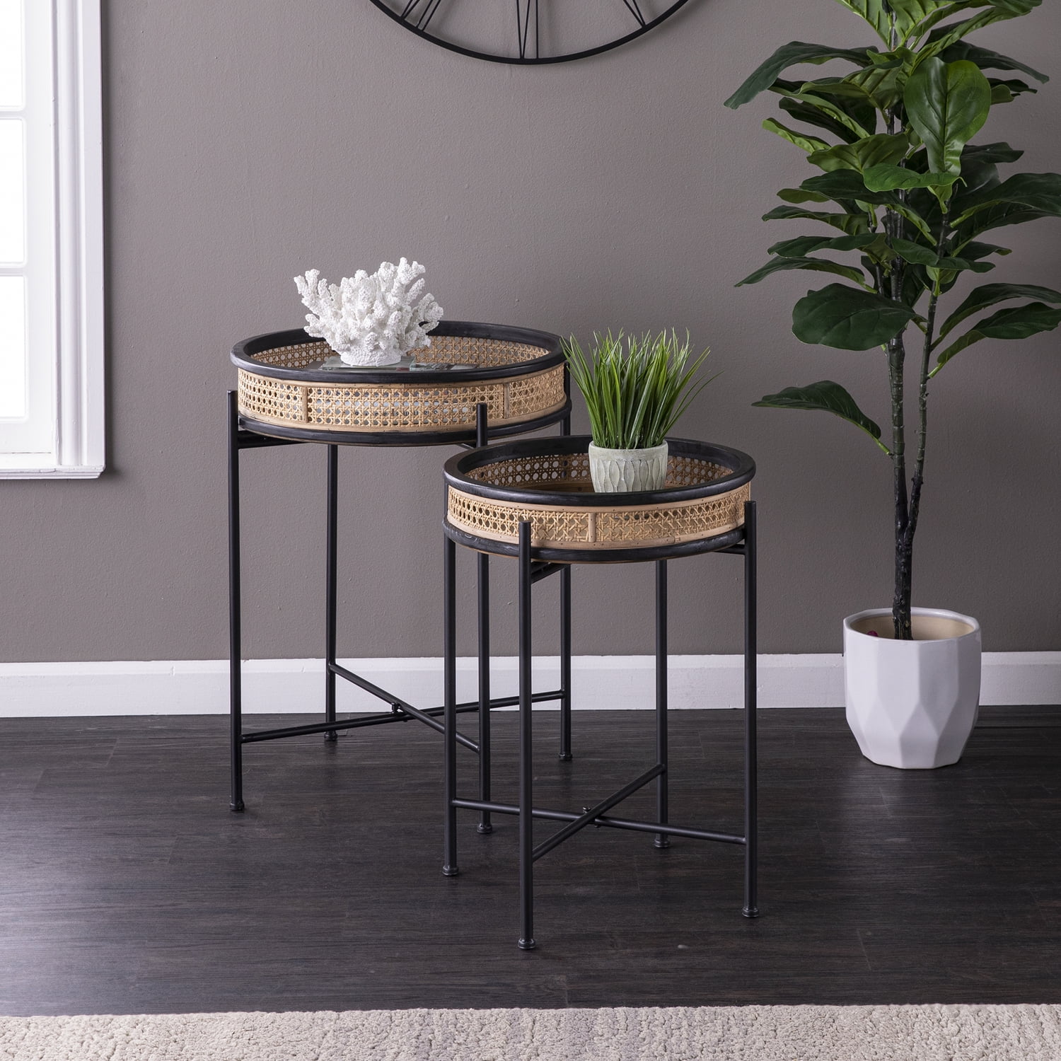 Southern Enterprises Broadmont 2-Piece Round Rattan Accent Table Set in ...