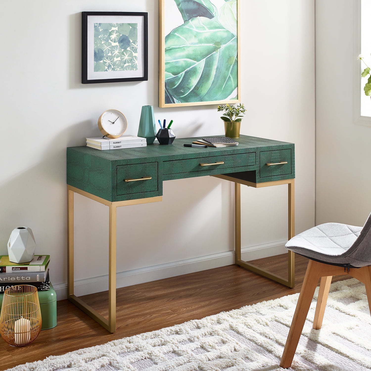 Southern Enterprises Carabelle Faux Croc Leather Computer Desk in Green ...