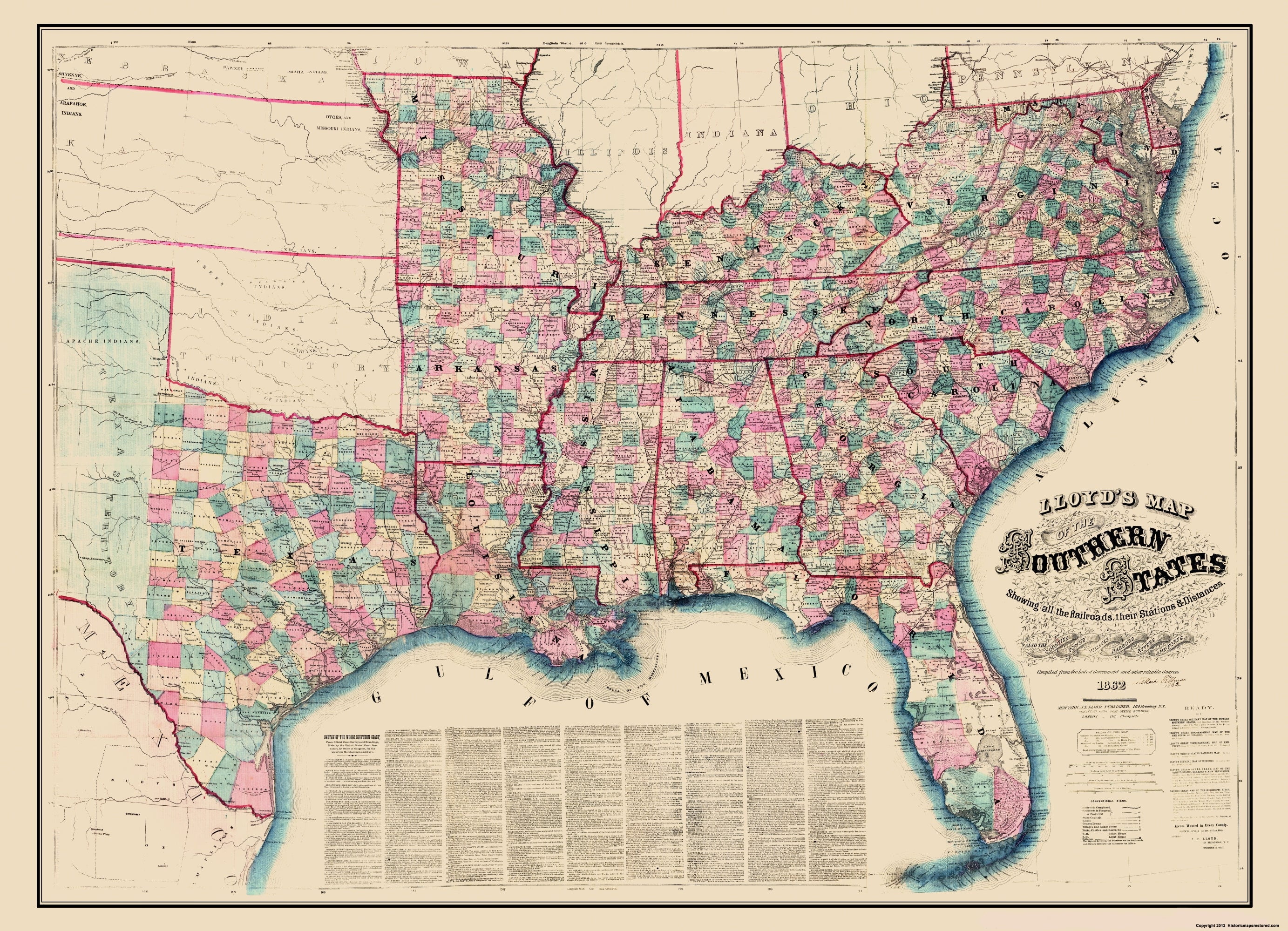 Historical Civil War Map - Southern States Railroads Stations - Lloyd ...