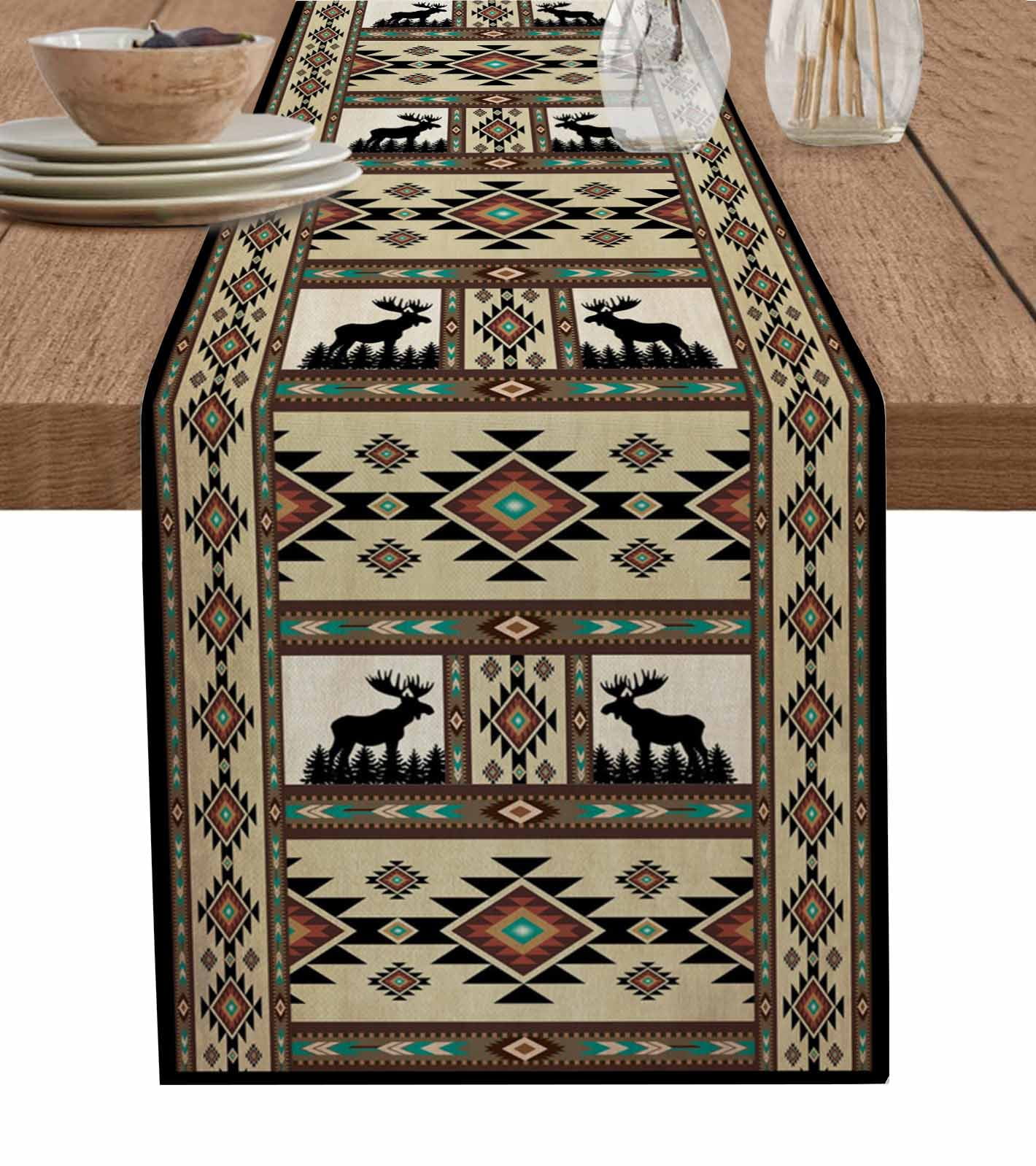 Southwest Aztec Table Runner 72 Inches, Brown Forest Tree Elk Geometric ...