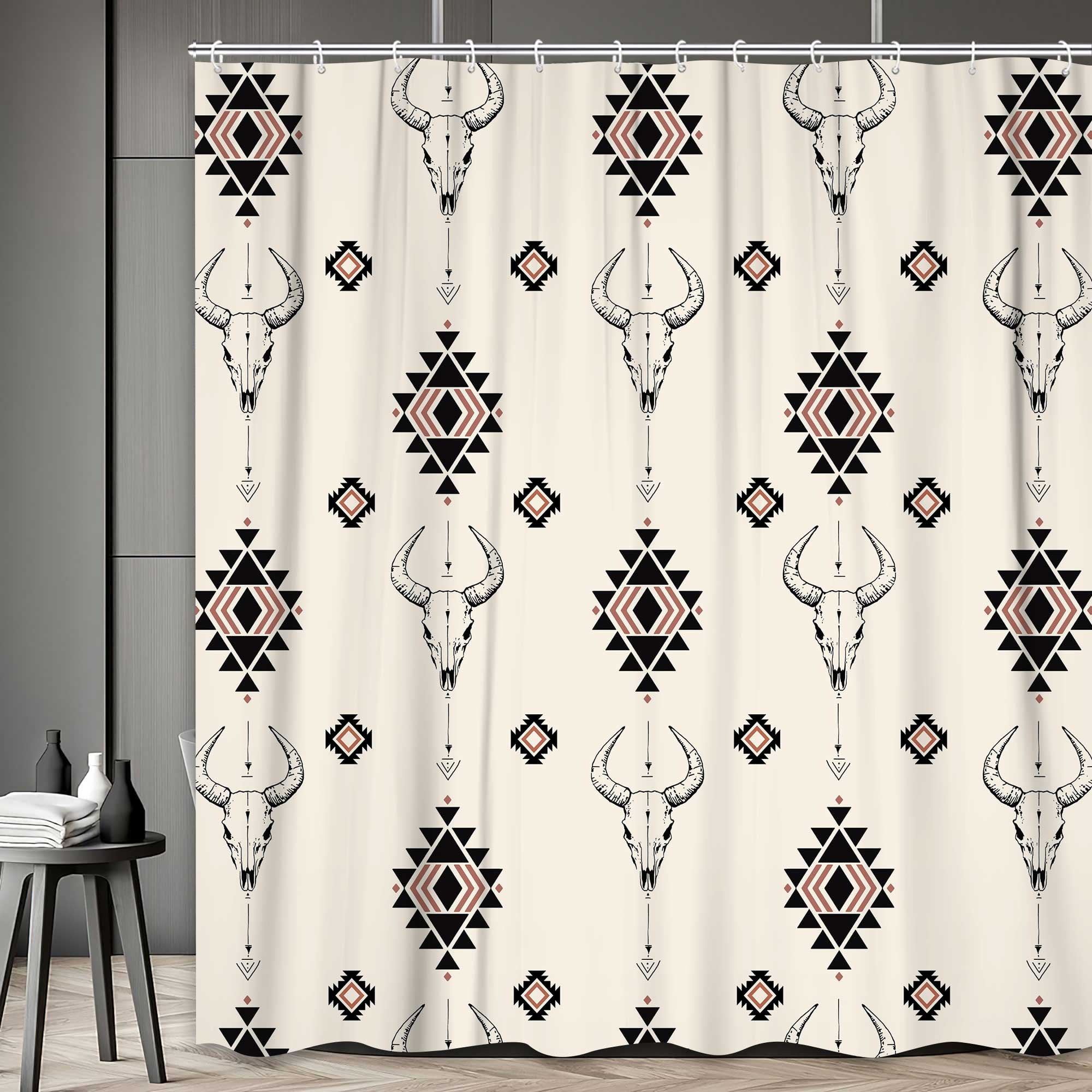 Southwest Bull Skull Cow Shower Curtain, Western Beige Bath Curtain, Boho Farmhouse Bathroom ...