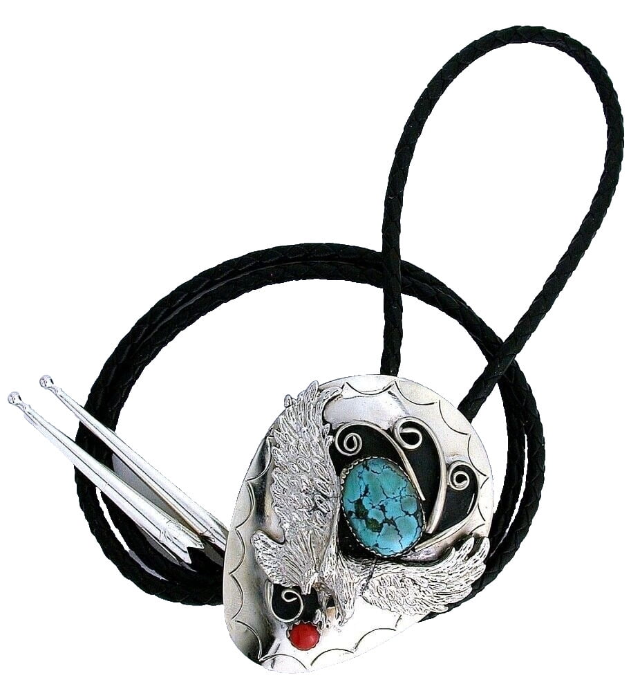 Southwest Eagle Turquoise Coral Sterling 2 1/2 Inches Bolo Tie Cord ...