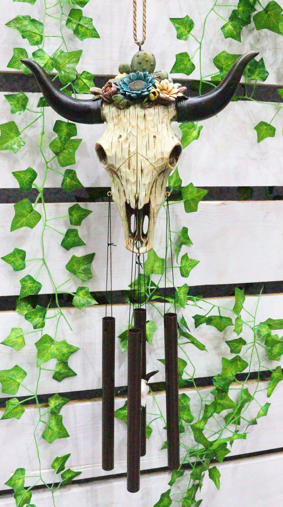 Southwest Rustic White Faux Wood Cow Skull With Floral Succulents Wind ...
