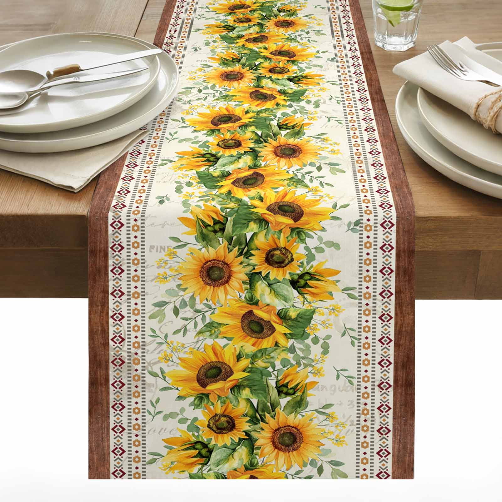 Southwest Sunflowers Cotton Linen Table Runner Watercolor Country ...