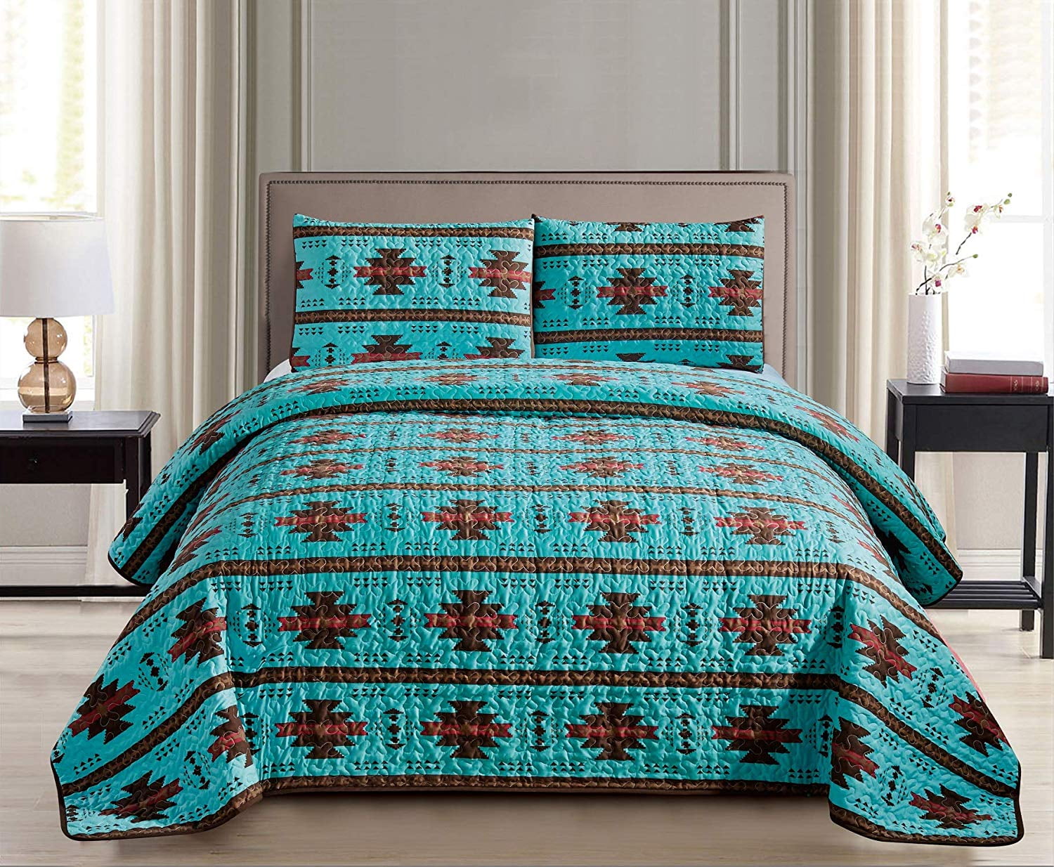 Southwest Teal/Burgundy/Brown Print Bedspread 3 Piece Design Microfiber ...