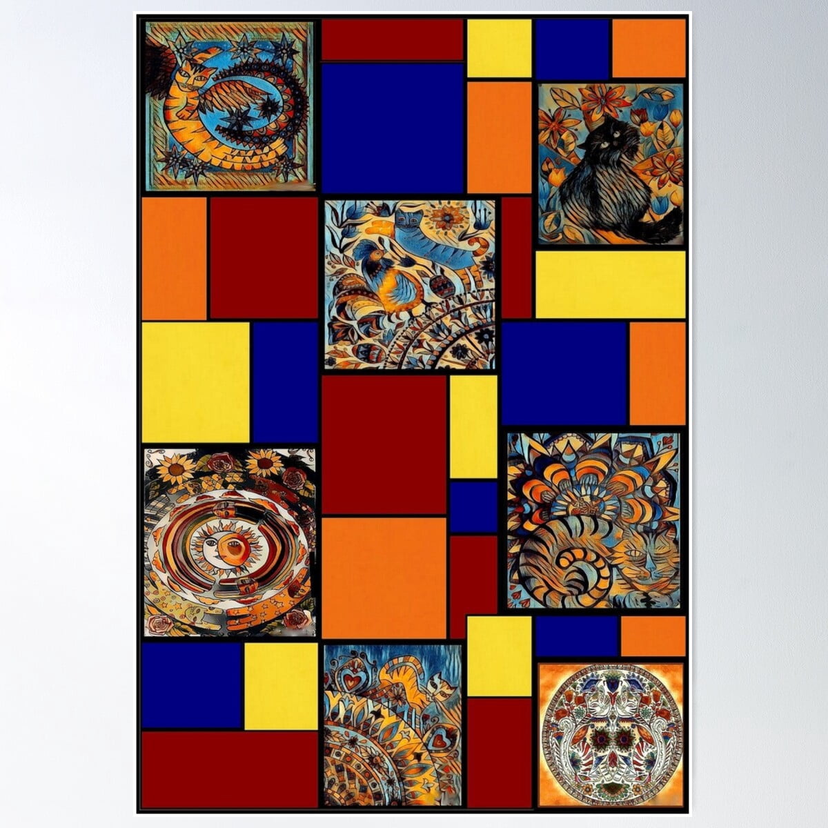 Southwestern Cat Quilt Poster Wall Art, Modern Wall Decor For Living ...