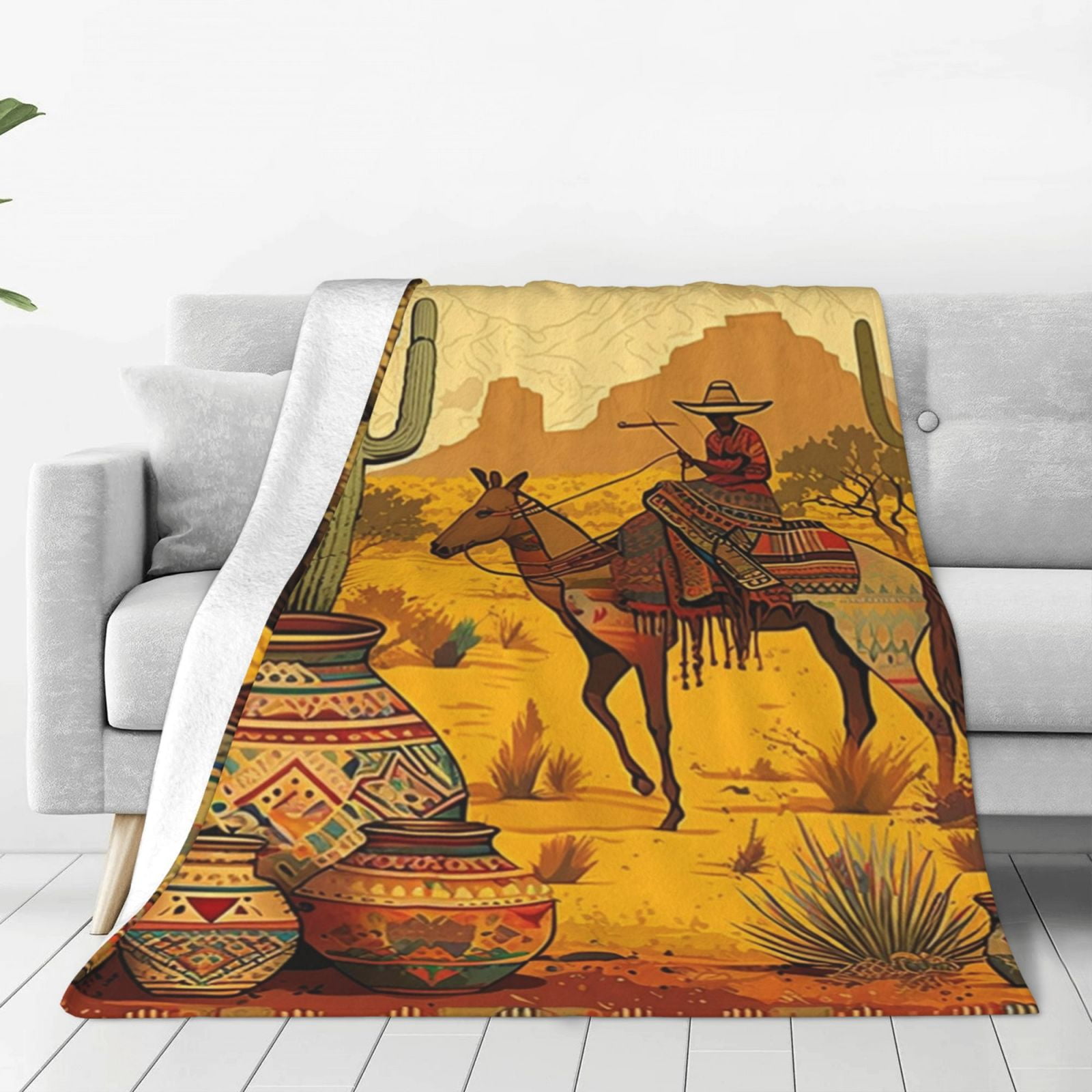 Southwestern Ethnic Native Cactus Horse Flannel Fleece Throw Blanket ...