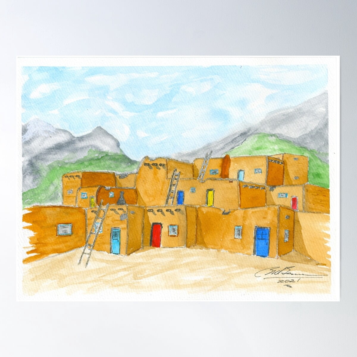 Southwestern Pueblo Water Color Poster Wall Art, Modern Wall Decor For ...