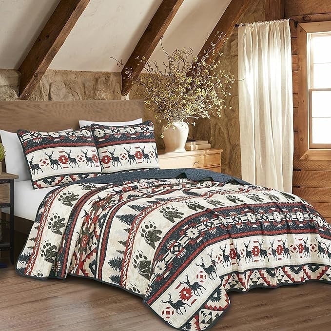 Southwestern Reversible Bedspread Set – Lodge Quilt with Wildlife Print ...