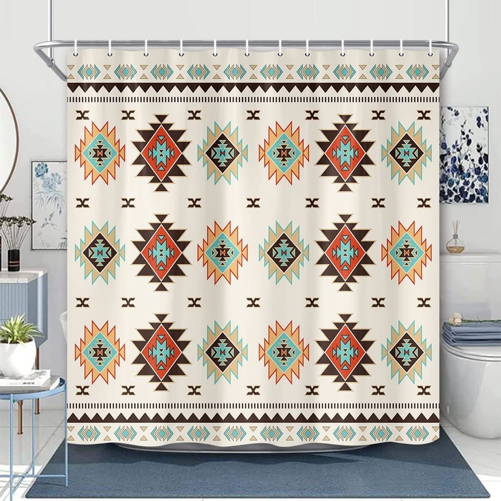 Southwestern Country Farm Shower Curtain Set, Aztec Geometric Pattern ...
