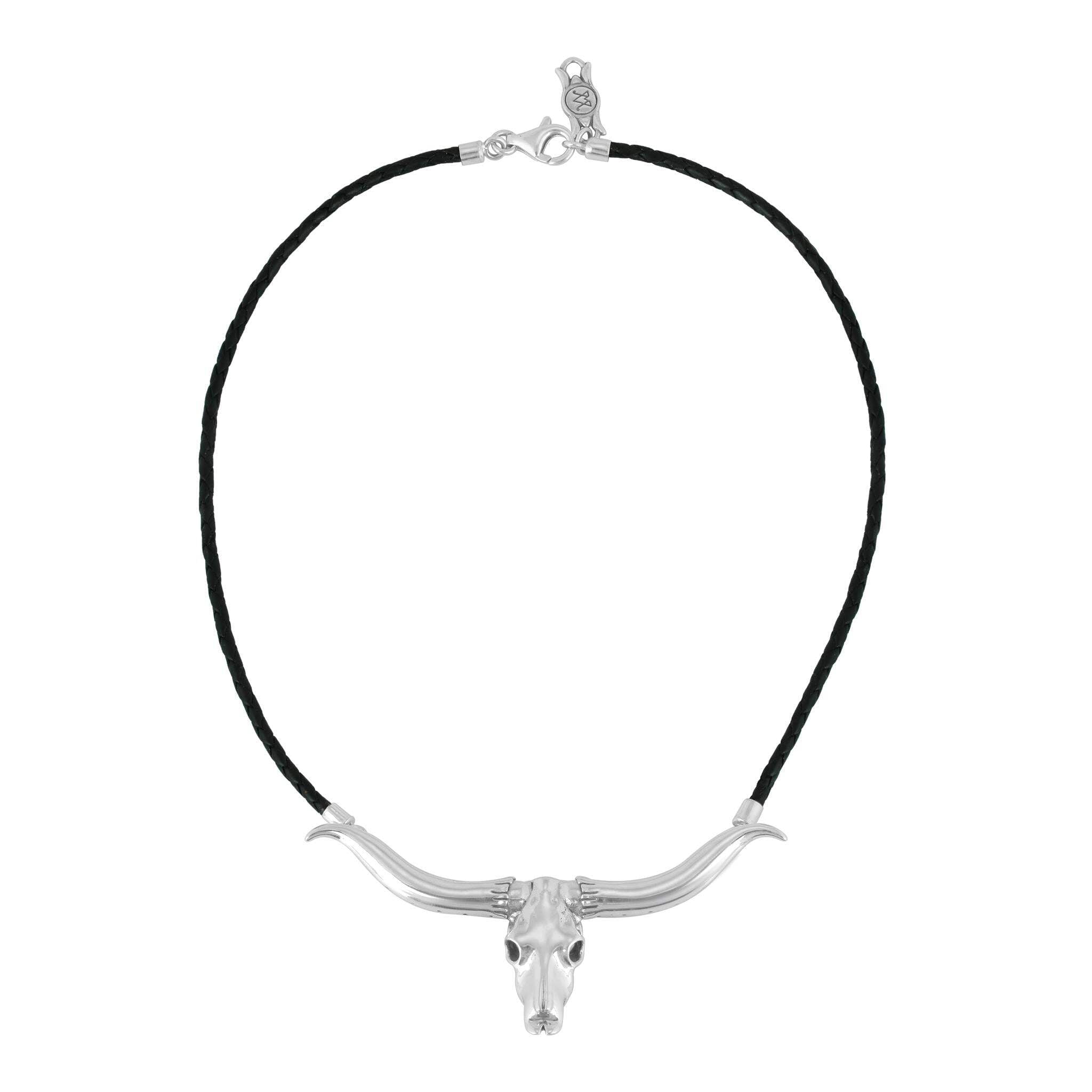 Southwestern Sterling Silver Longhorn Skull Black Leather Necklace, 17 ...