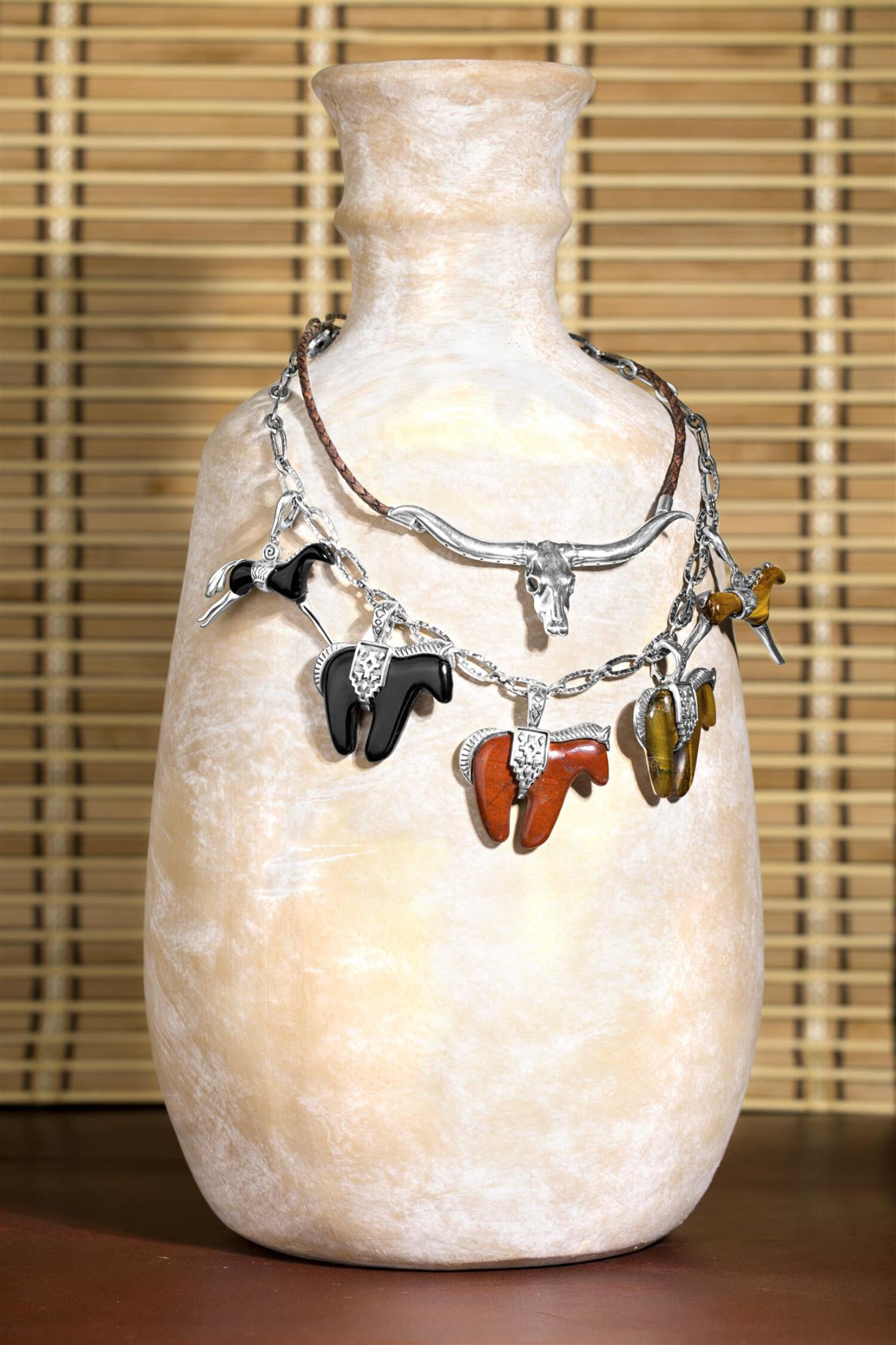 Southwestern Sterling Silver Longhorn Skull Brown Leather Necklace, 17 ...