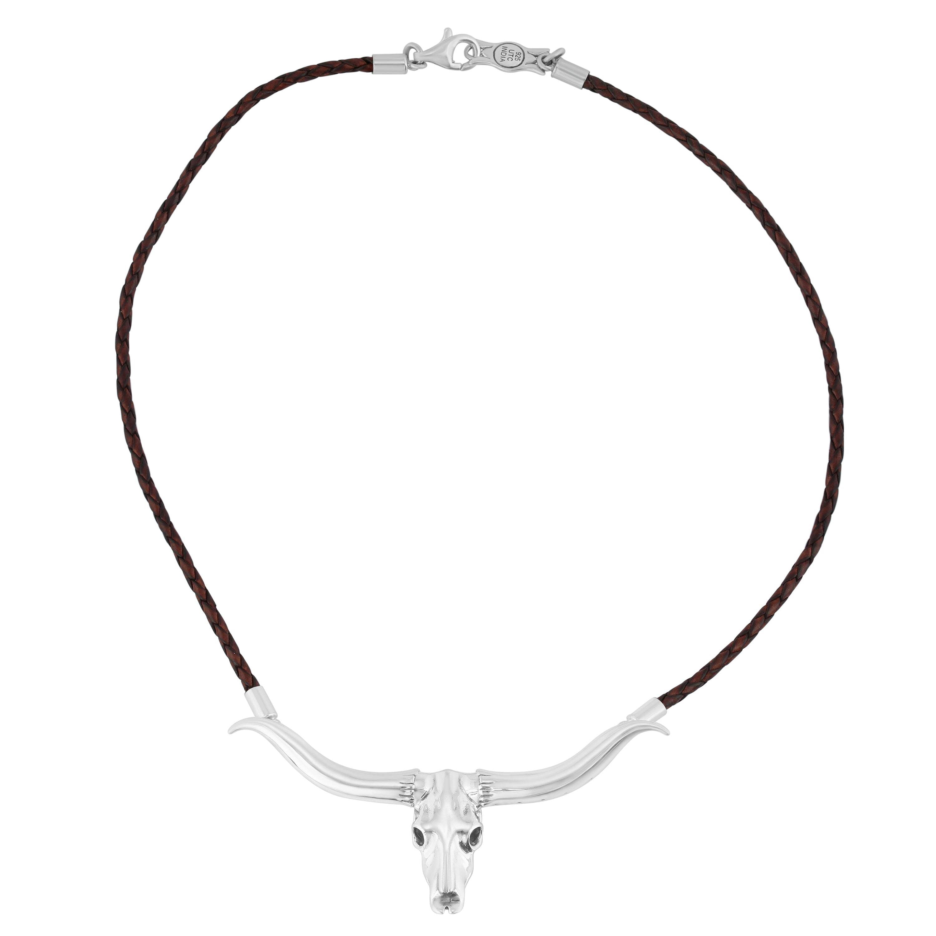 Sterling Silver Longhorn Skull Brown Leather Necklace, 17 or 20 Inches ...