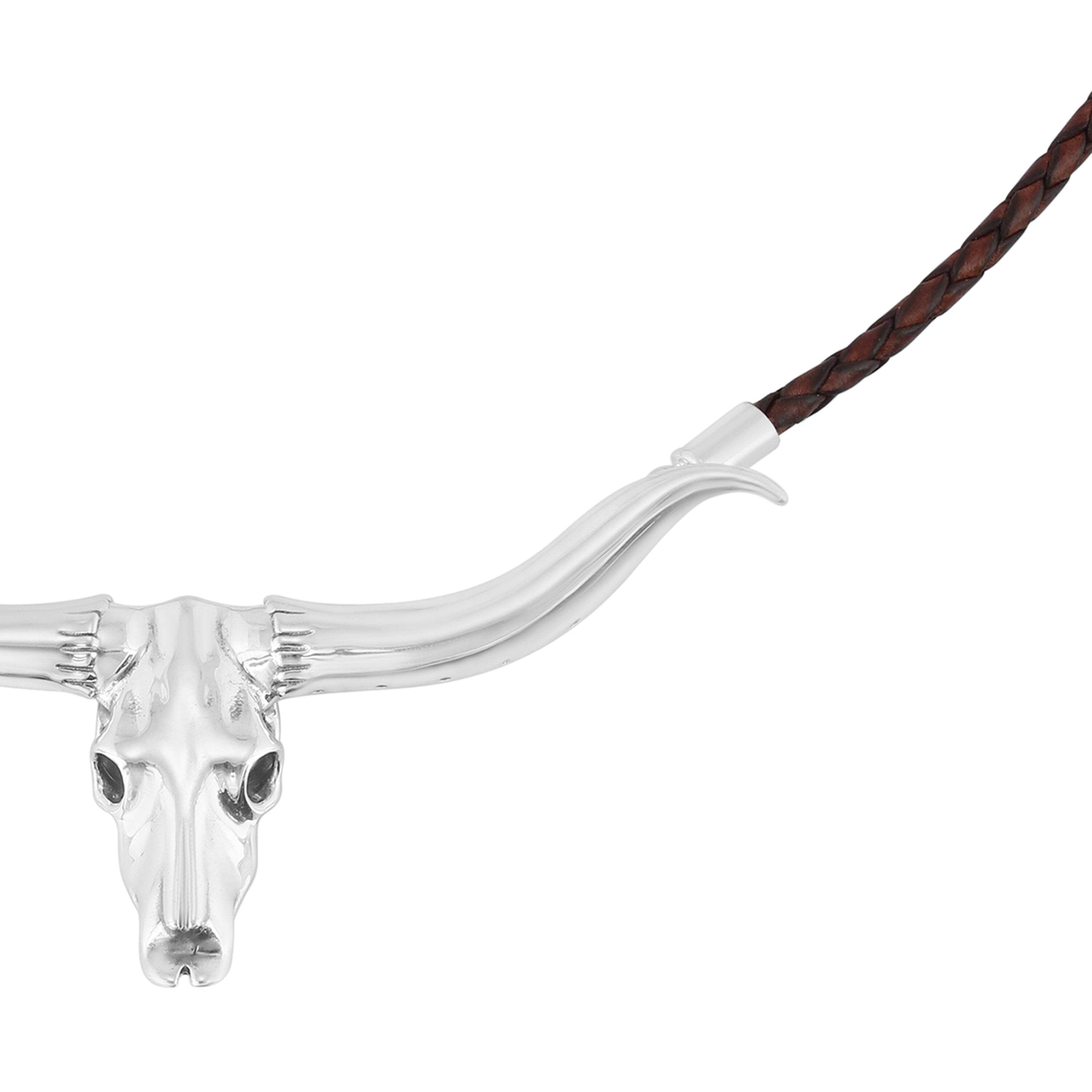 Sterling Silver Longhorn Skull Brown Leather Necklace, 17 or 20 Inches ...