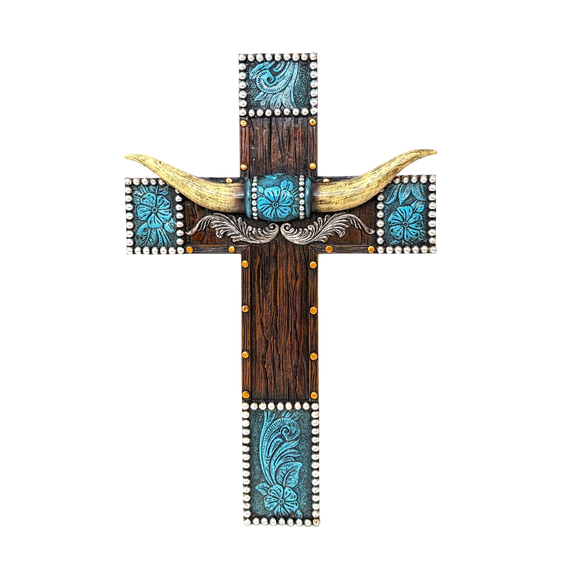 Southwestern Wall Cross with Faux Horns and Tooled Leather Accent ...