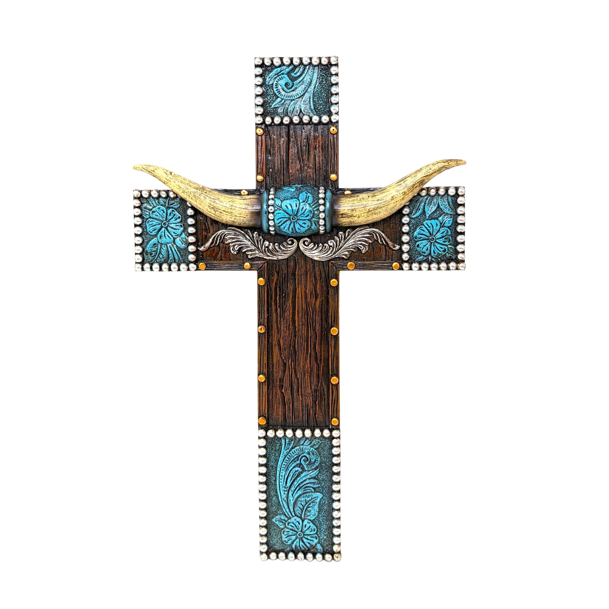 Southwestern Wall Cross with Faux Horns and Tooled Leather Accent ...