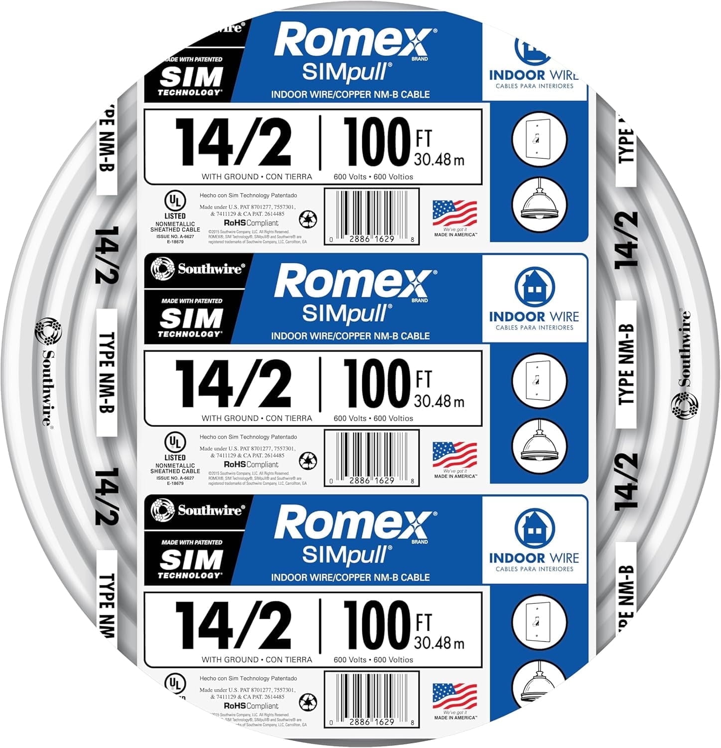 Southwire 100' 14/2 w ground Romex brand SIMpull residential indoor ...