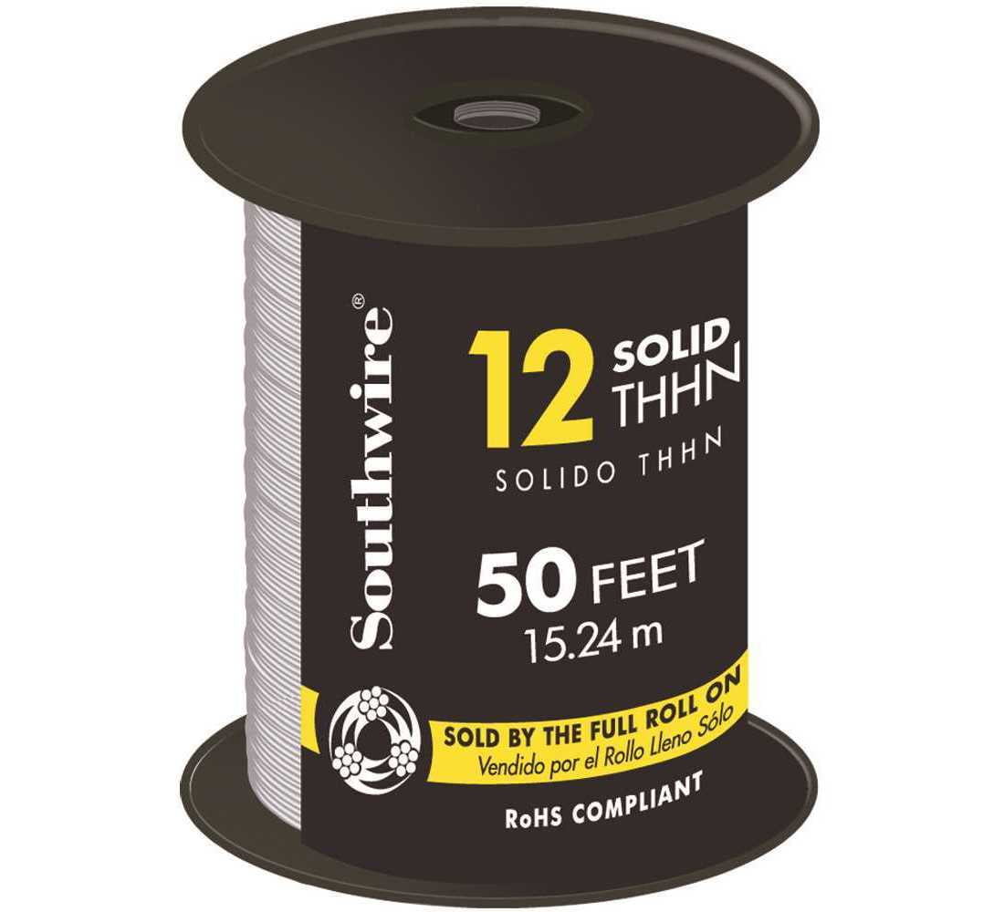 Southwire 11588137 Solid THHN Building Wire, 12 Gauge, White, 50 ...