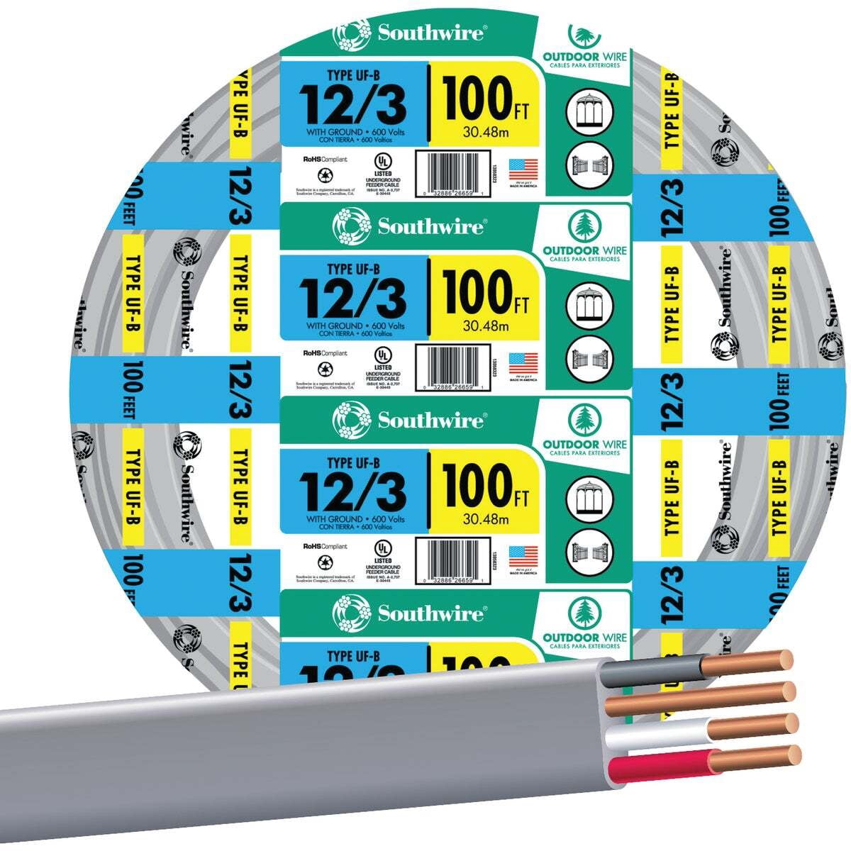 Southwire Type UF-B Underground Electrical Cable, 12 AWG, 3 Conductors ...