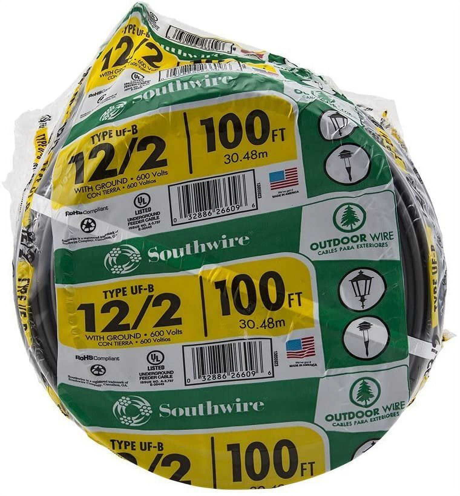 Southwire 13055926 12/2WG UF Wire 100-Foot, Approved for Direct Burial ...