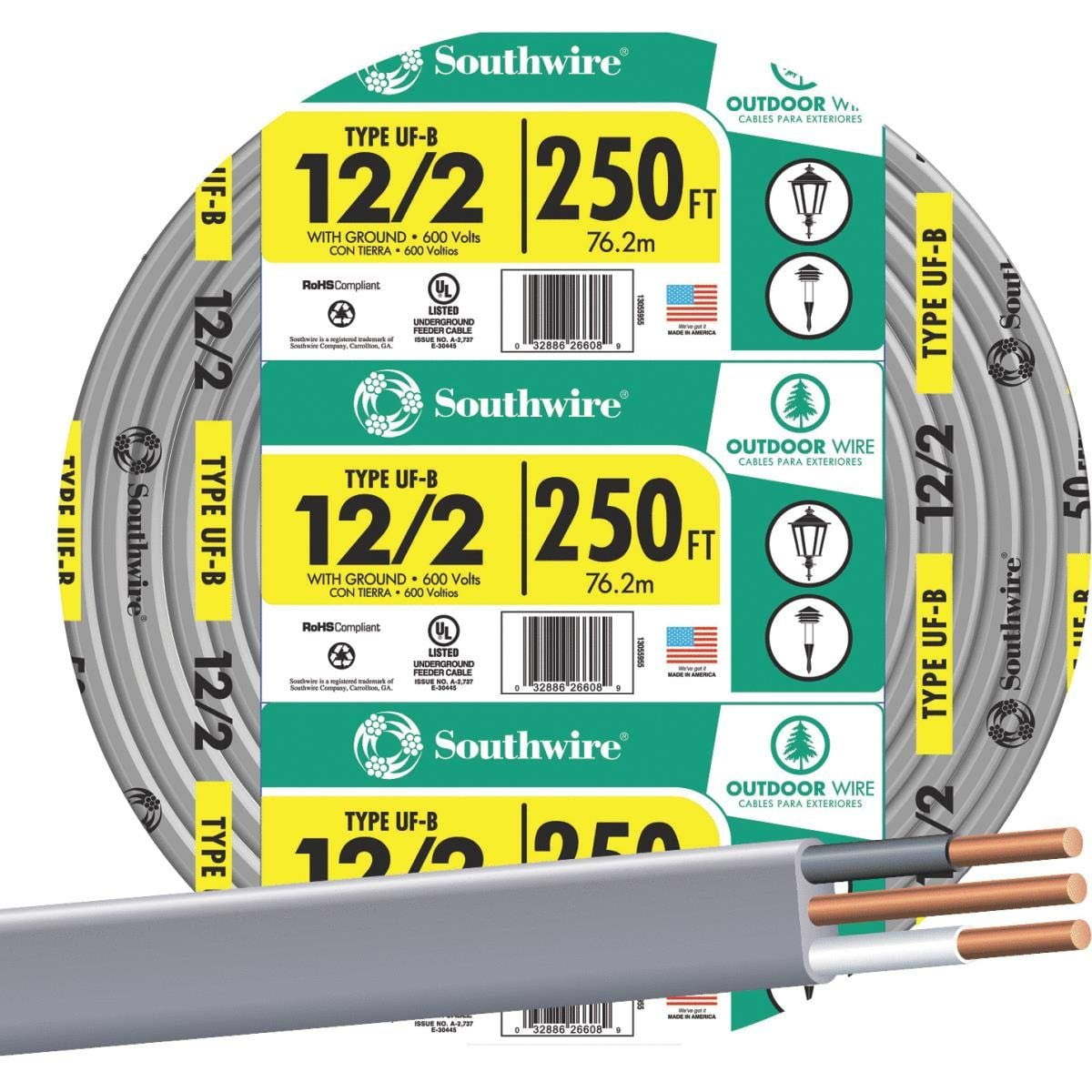 Southwire 250' 12-2 UFW/G Gray Electrical Copper Ground Cable for House ...