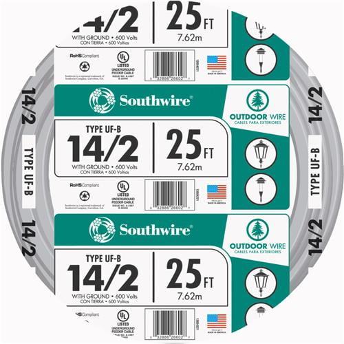Southwire 14-2 UFW/G Electrical Wire 14/2 UF W/G 25', Each - Walmart.com