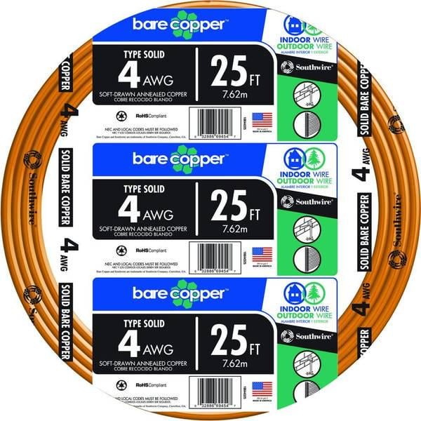 Southwire 25 ft. 4-Gauge Solid SD Bare Copper Grounding Wire - Walmart.com
