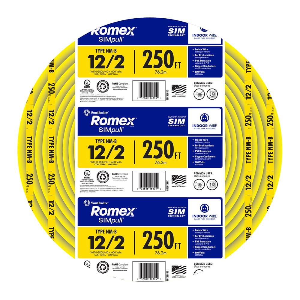 Southwire 250-Feet 12 / 2 / Romex SIMpull Solid Indoor CU NM-B W/G ...