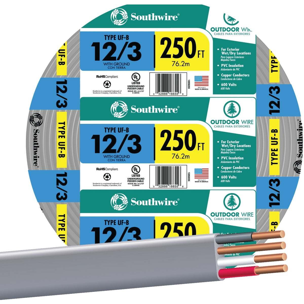 Southwire 12 AWG 3-Conductor Electrical Wire - Copper, UFW/G - 250 Ft ...