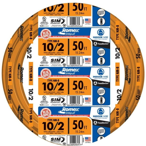 Southwire 28829022 50' 10/2 with ground Romex brand SIMpull residential ...