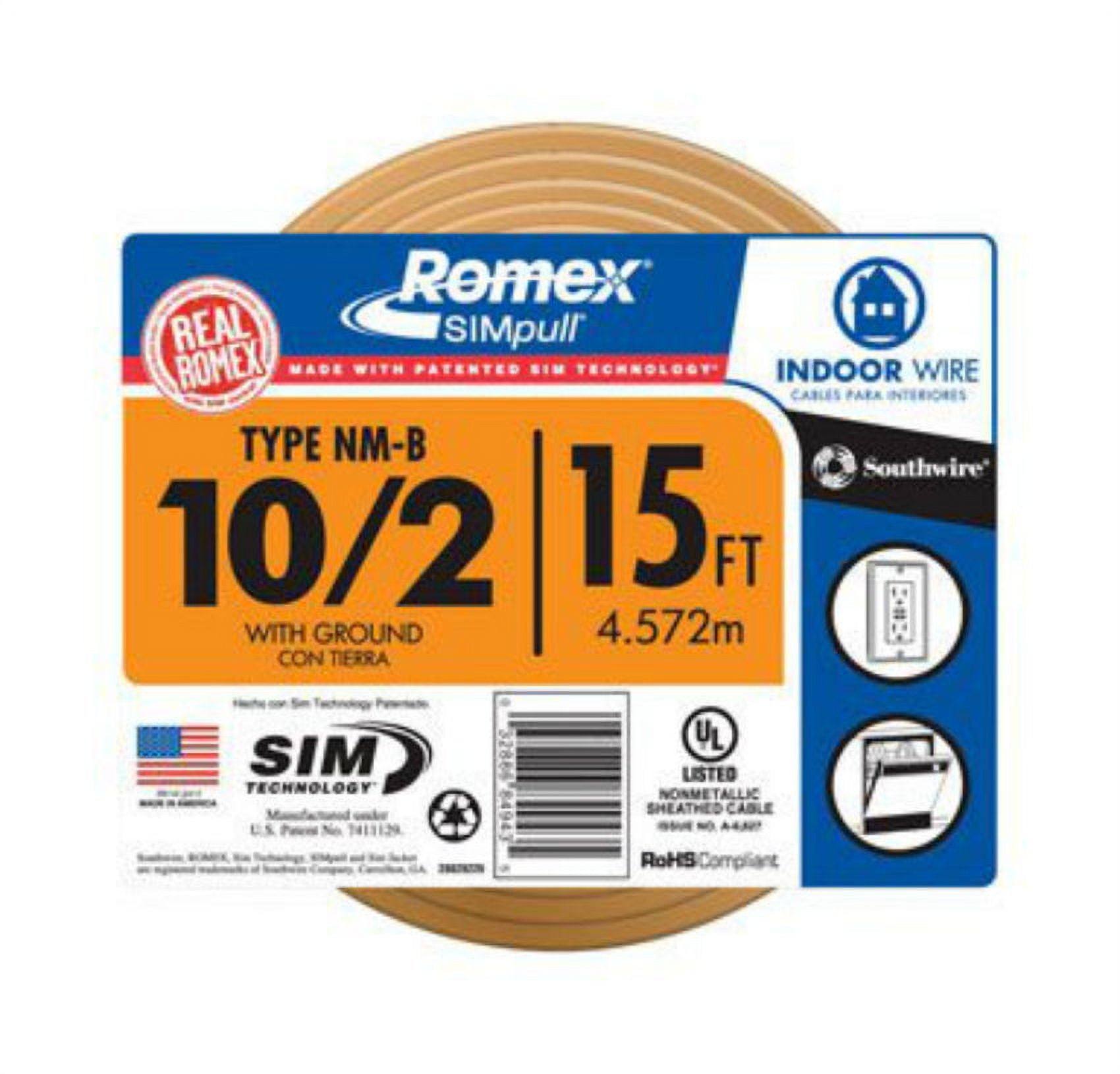 Southwire 28829026 Romex Non-Metallic Sheathed Cable, Copper, 15', Each ...