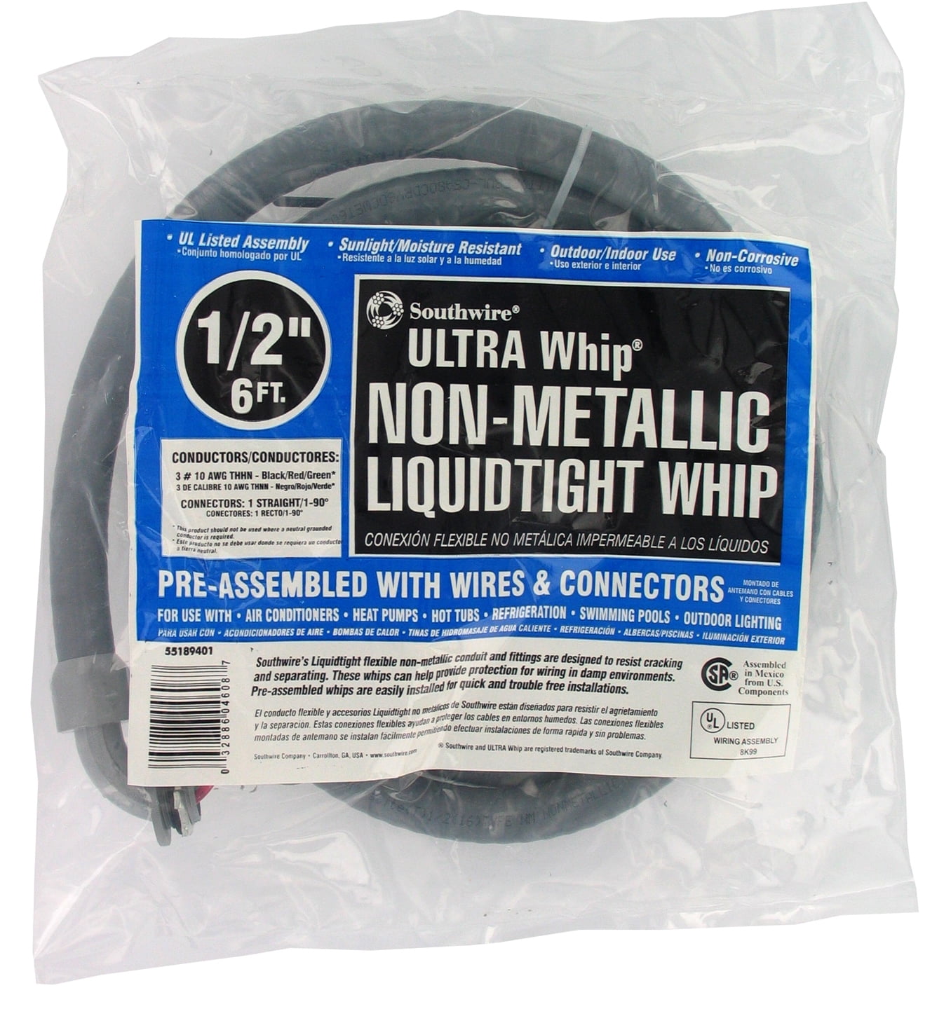Southwire 55189407 1/2" x 72" Pre-Assembled Non-Metallic Hook Up Whips ...
